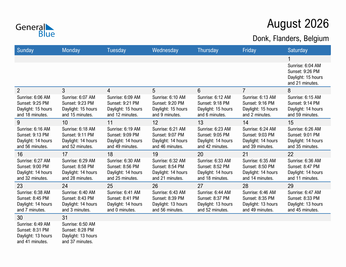 August 2026 Sunrise and Sunset Calendar for Donk, Belgium (PDF, Excel ...