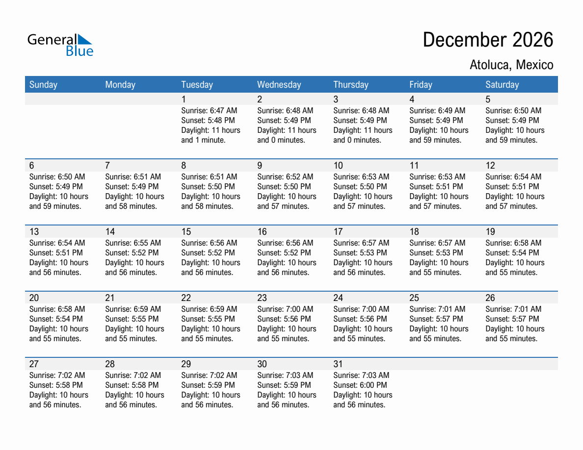 December 2026 Sunrise and Sunset Calendar for Atoluca, Mexico (PDF ...