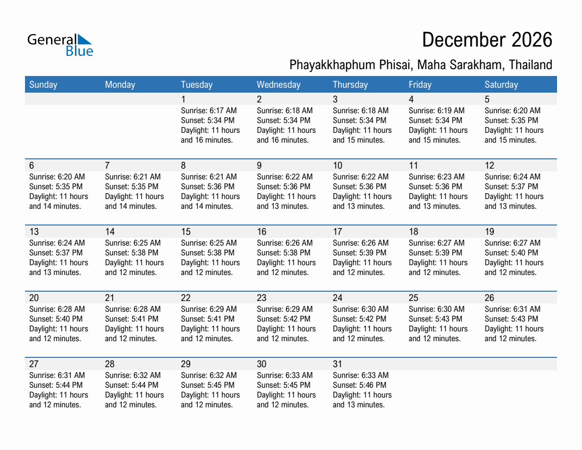 December 2026 Sunrise and Sunset Calendar for Phayakkhaphum Phisai ...