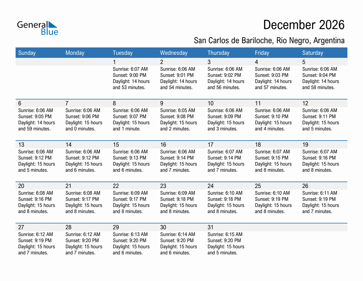 December 2026 Sunrise and Sunset Calendar for San Carlos de Bariloche ...