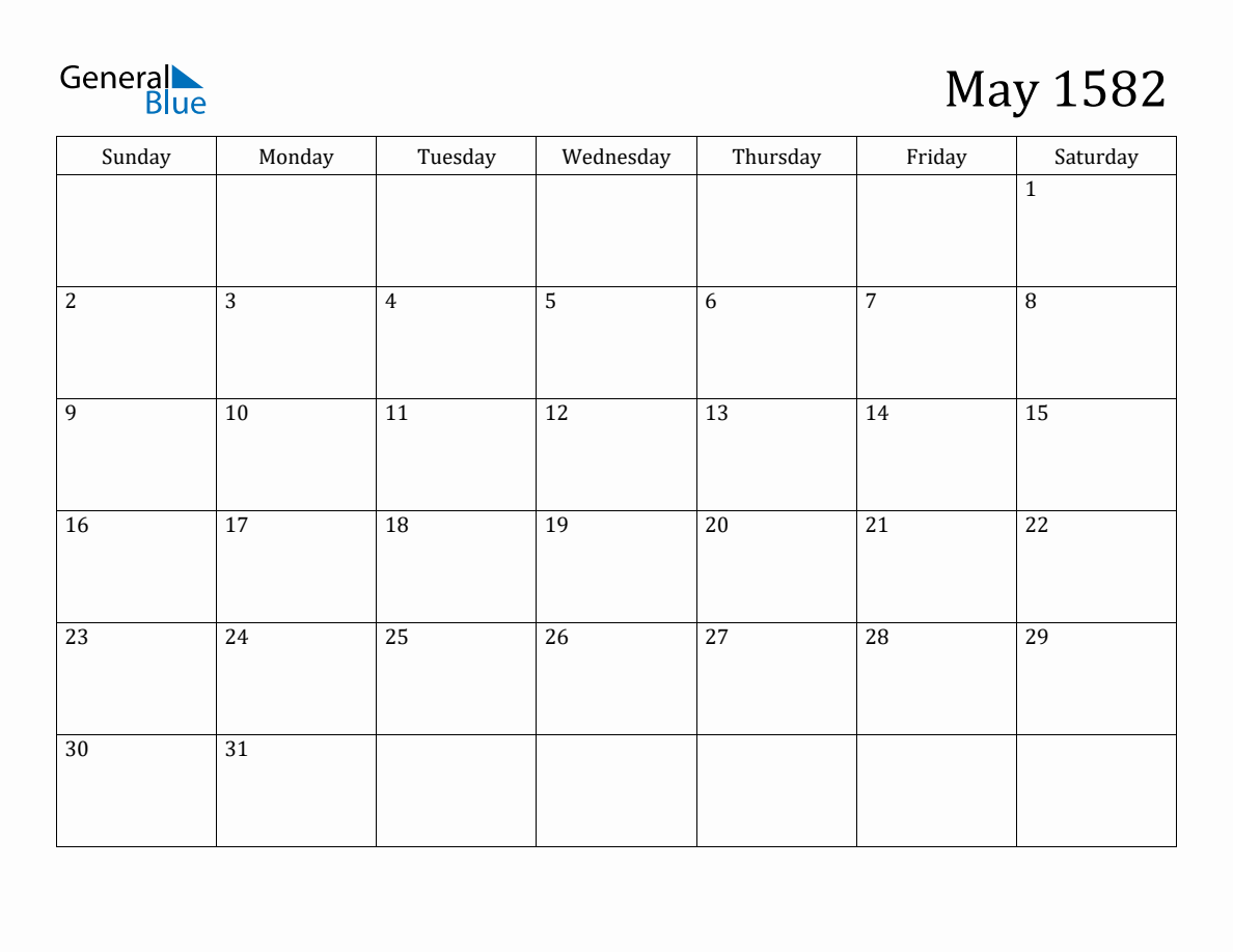 May 1582 Monthly Calendar