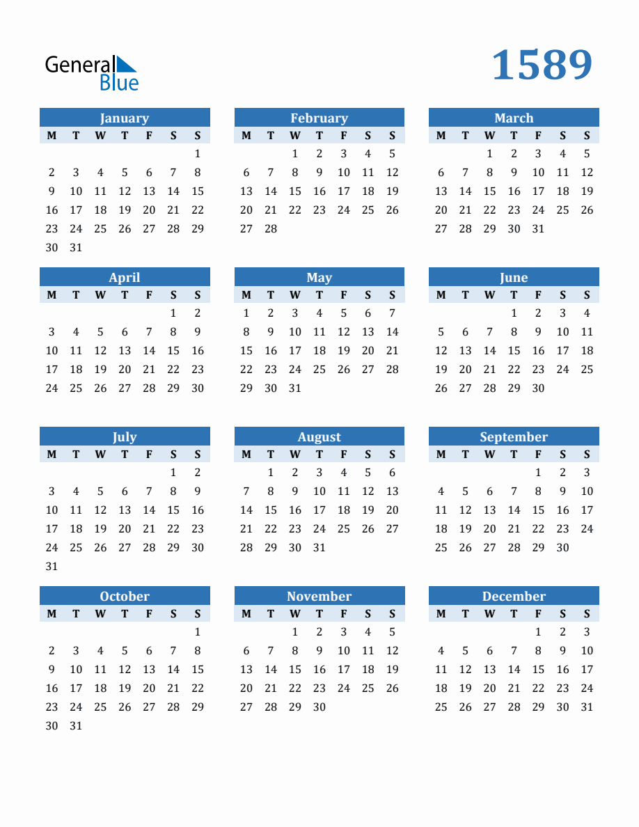 Free 1589 Year Calendar in PDF, Word, and Excel