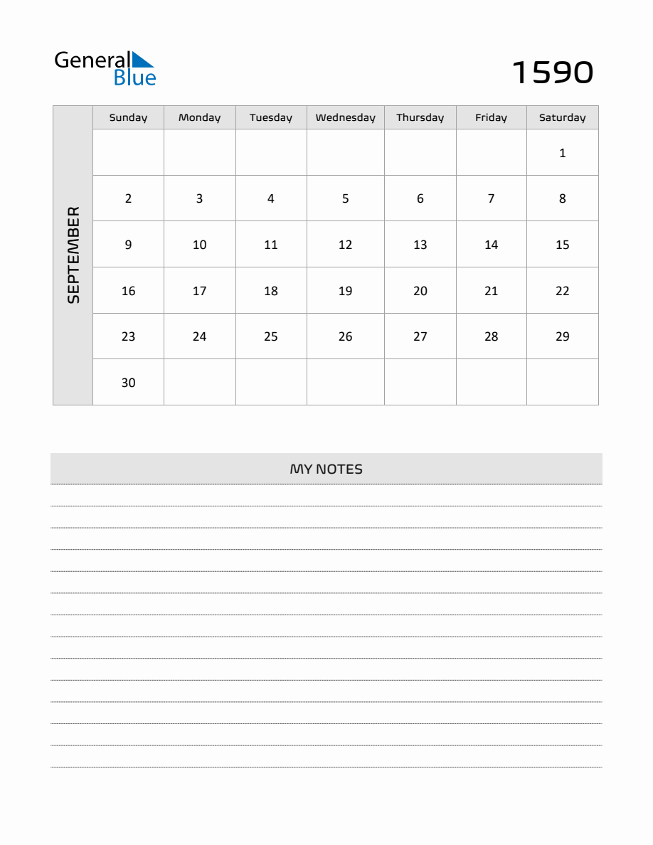 September 1590 Printable Monthly Calendar with Notes
