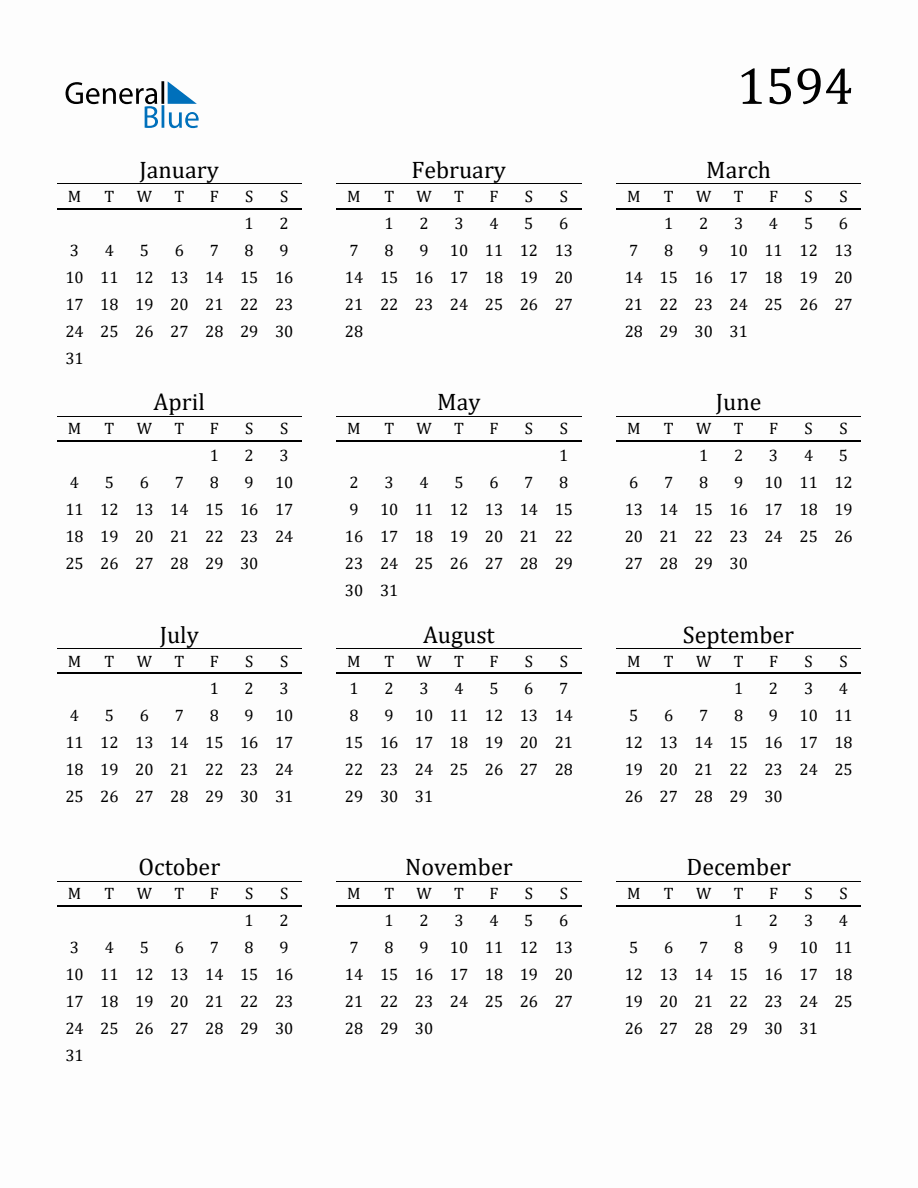 Year 1594 Free Printable 12-Month Calendar with Monday Start