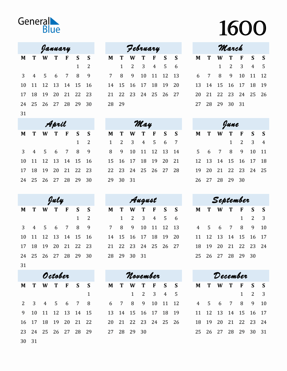 Free Downloadable Calendar for Year 1600 with Monday Start