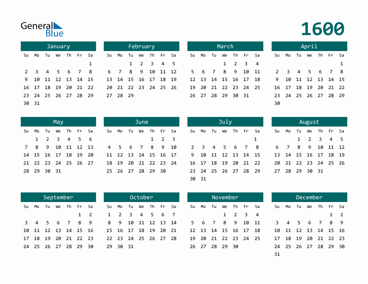 1600 Full-Year Calendar