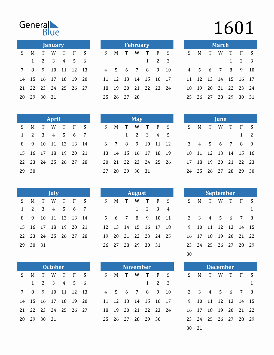 1601 Yearly Calendar Templates with Monday Start