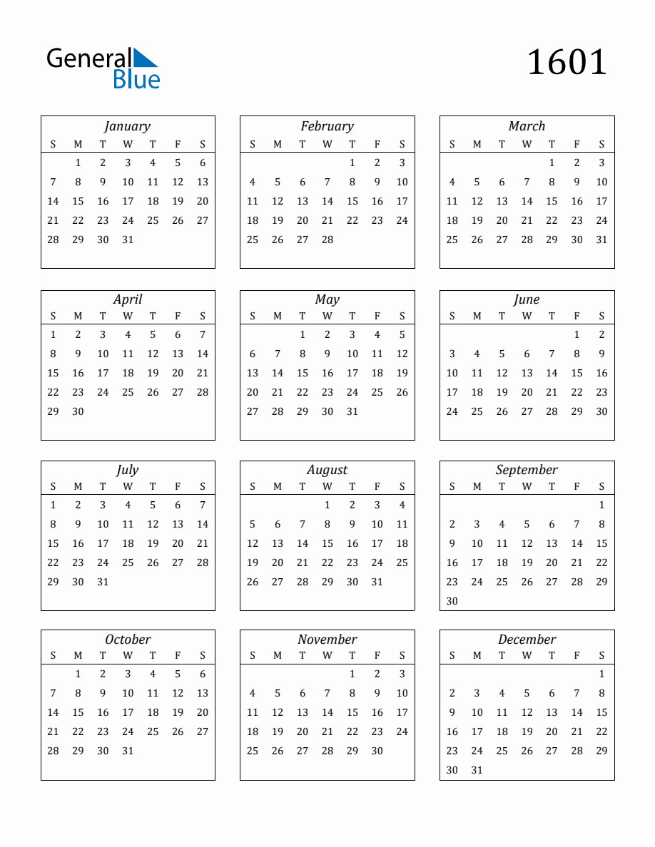 1601 Blank Yearly Calendar Printable