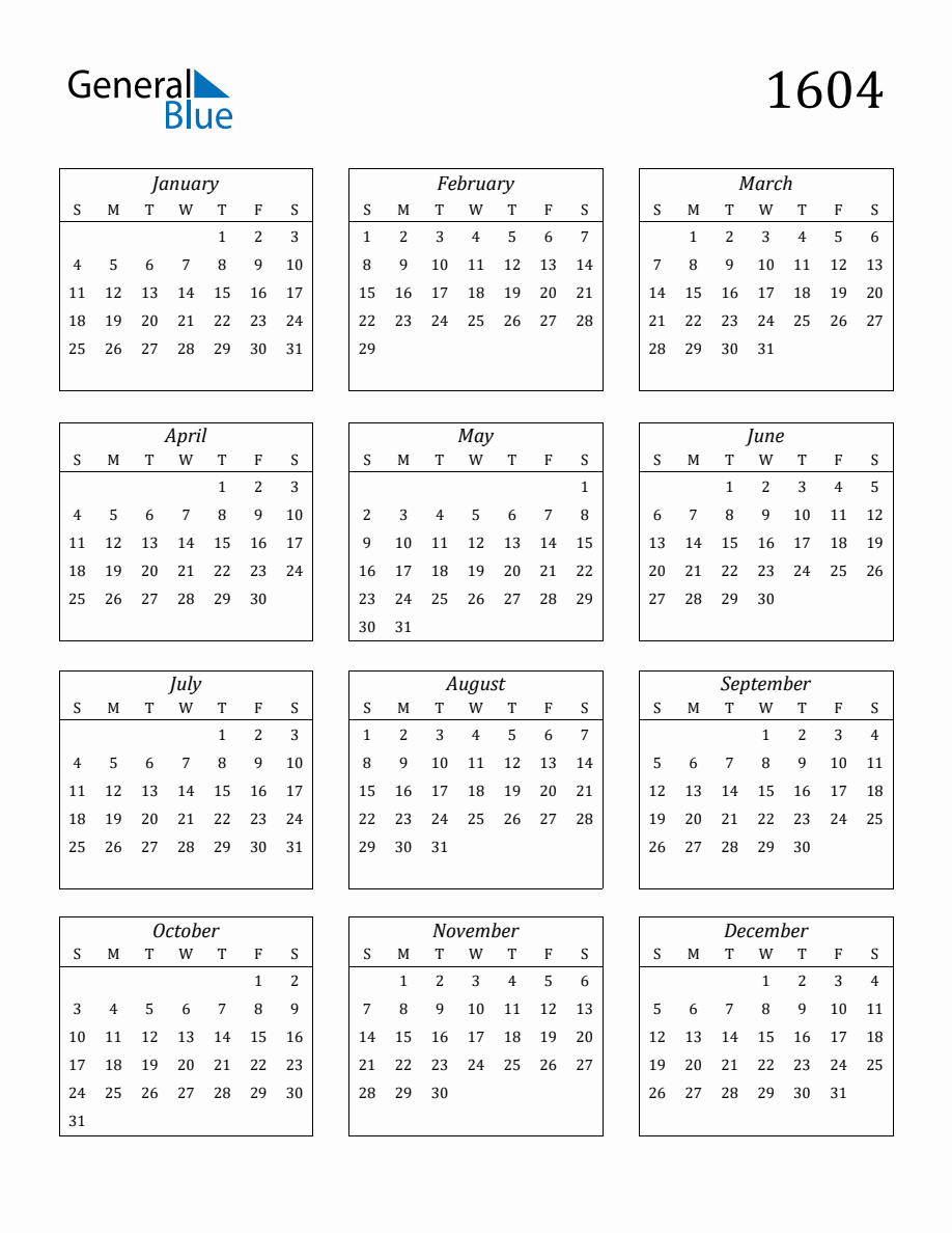 1604 Blank Yearly Calendar Printable