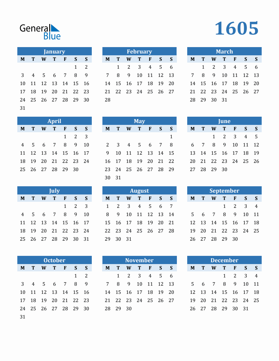 Free 1605 Year Calendar in PDF, Word, and Excel with Monday Start