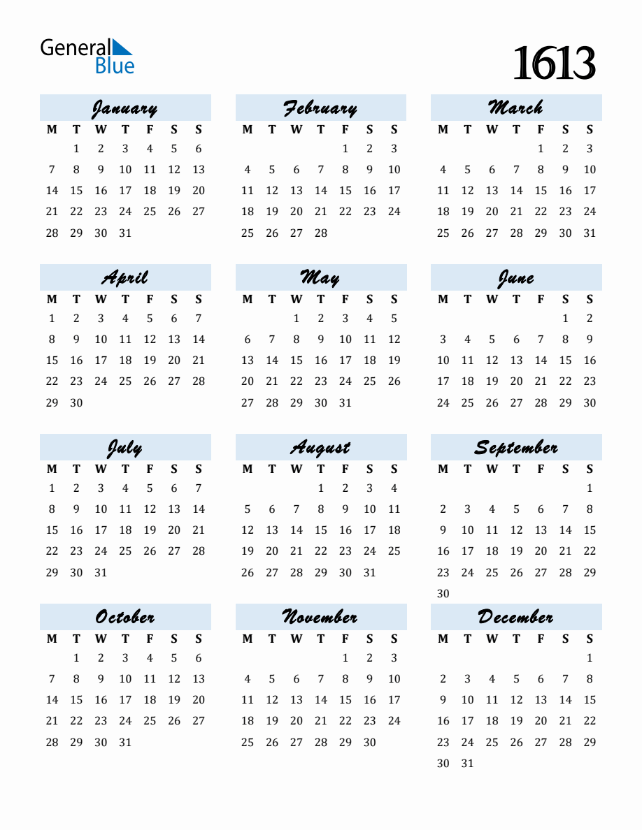 Free Downloadable Calendar for Year 1613 with Monday Start