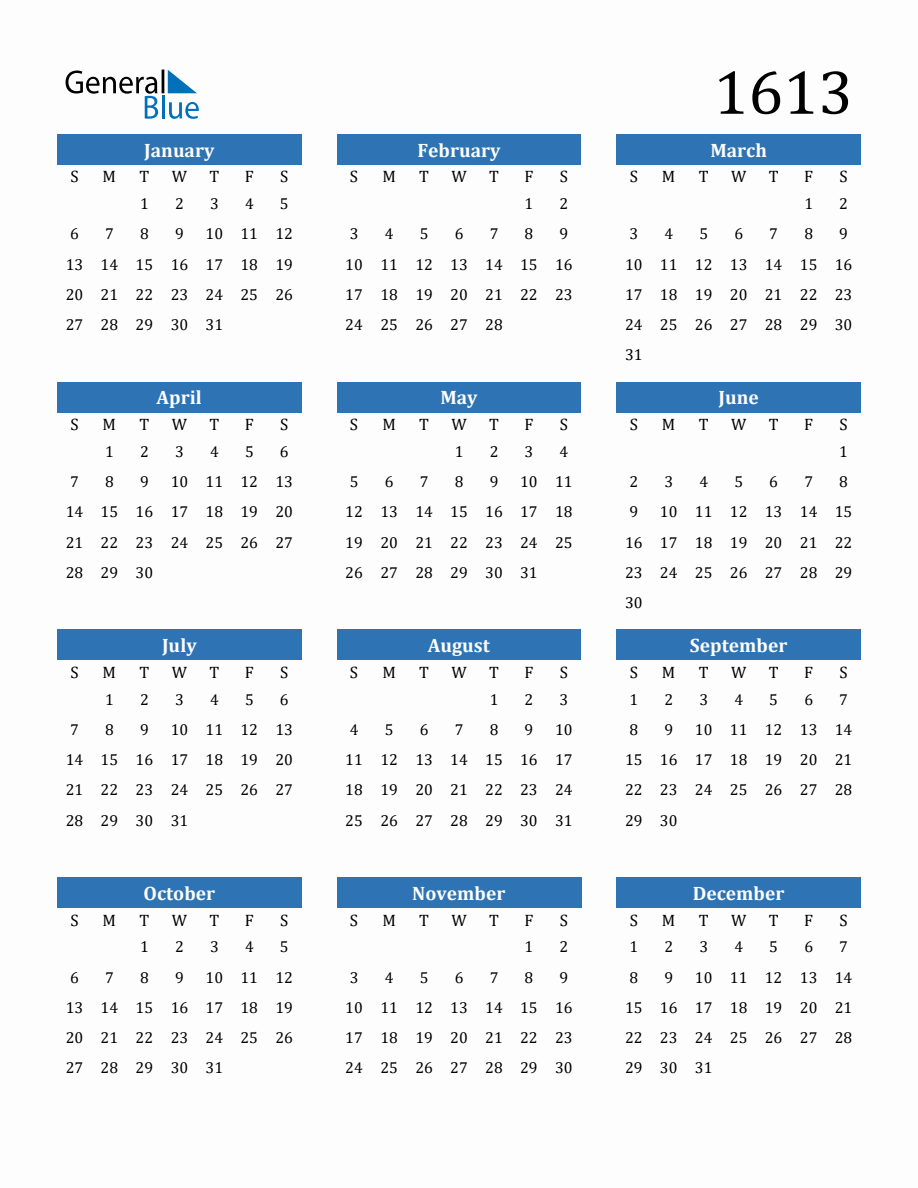 1613 Yearly Calendar