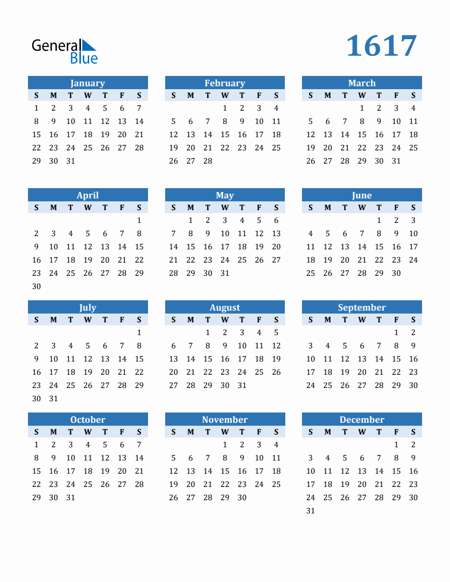Free 1617 Year Calendar in PDF, Word, and Excel