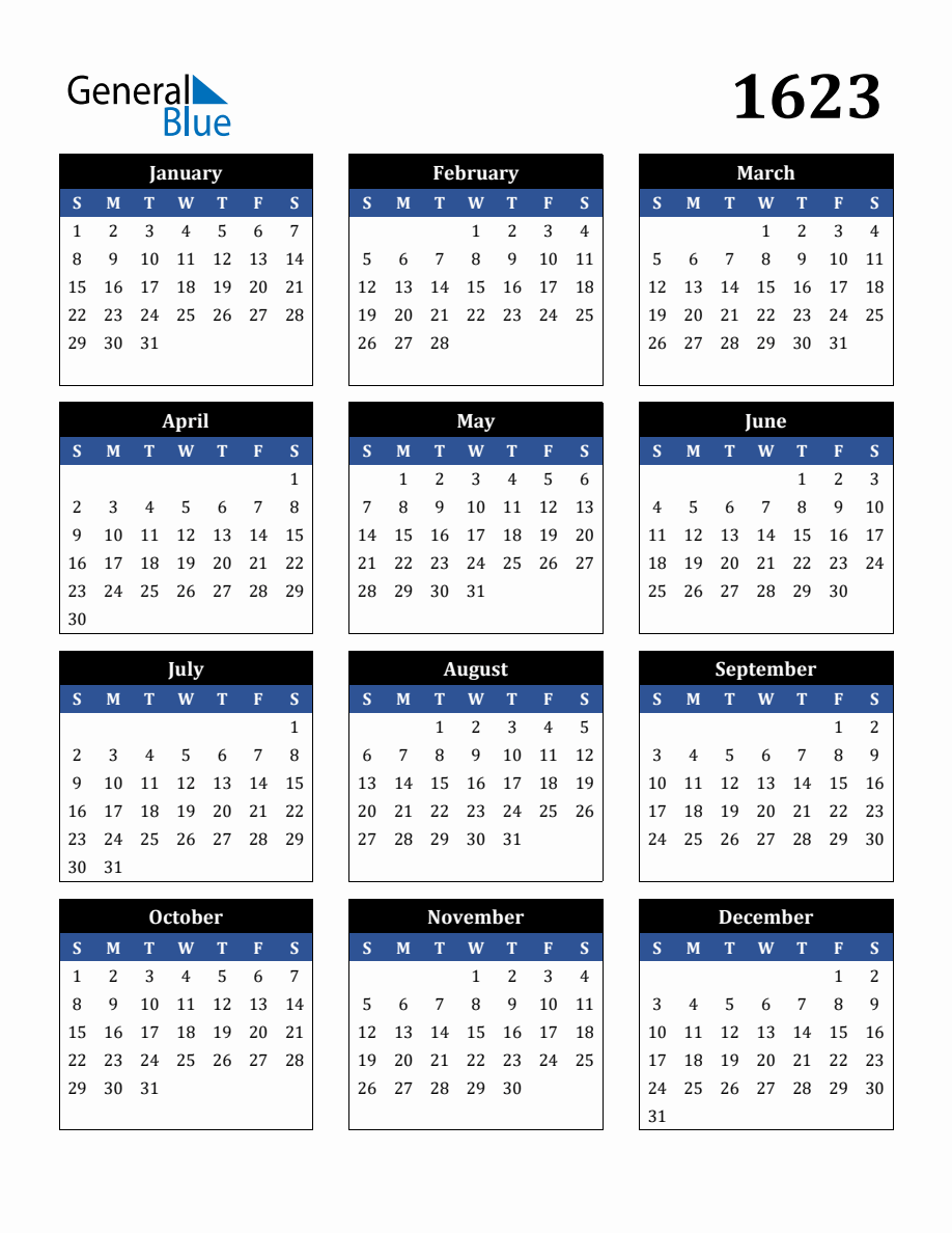 Editable 1623 Calendar