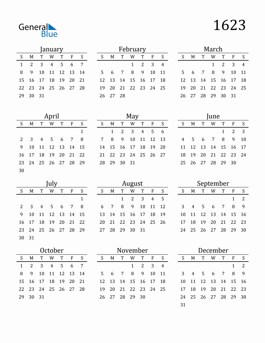Year 1623 Free Printable 12-Month Calendar