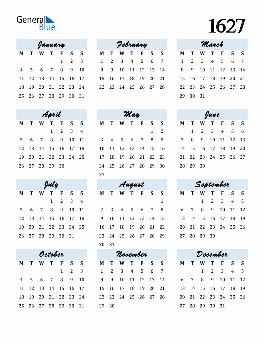 Free Downloadable Calendar for Year 1627 with Monday Start