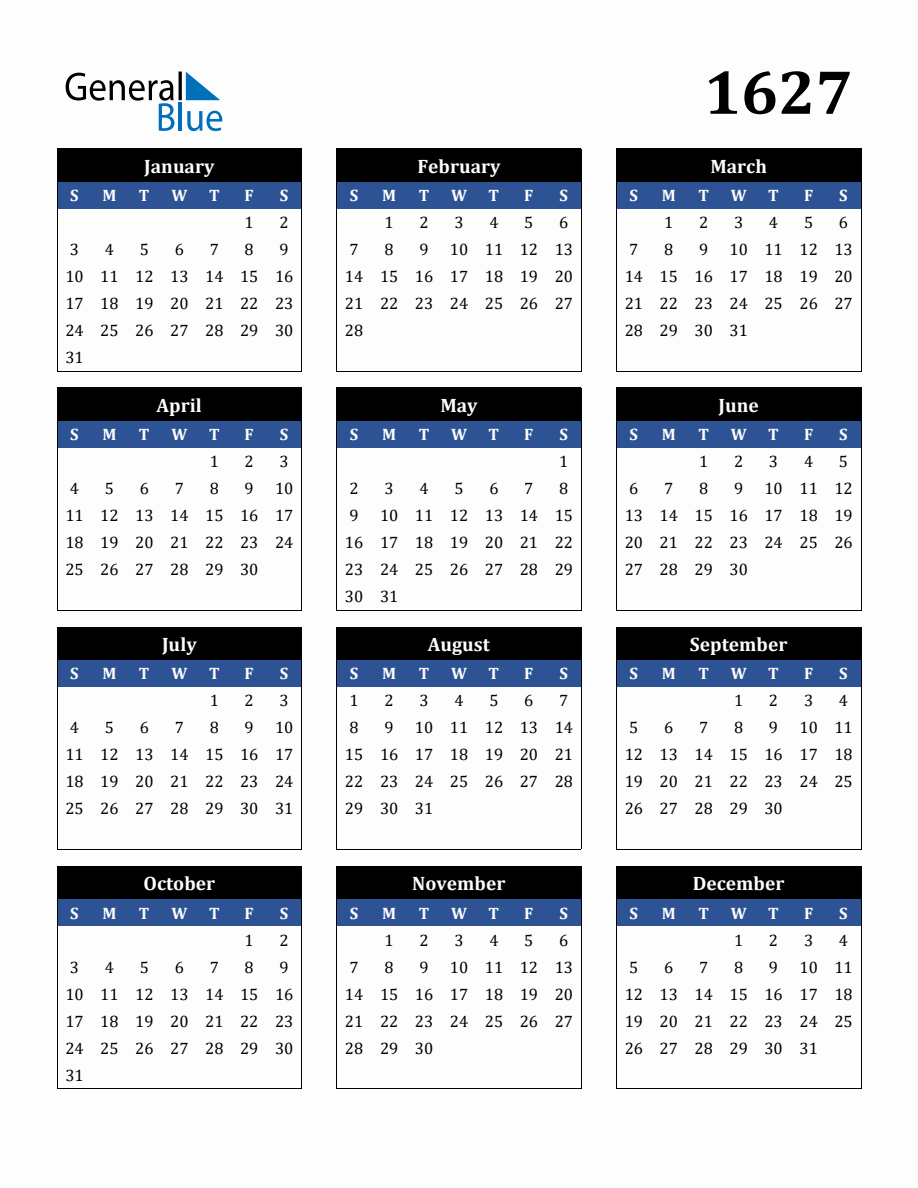 Editable 1627 Calendar