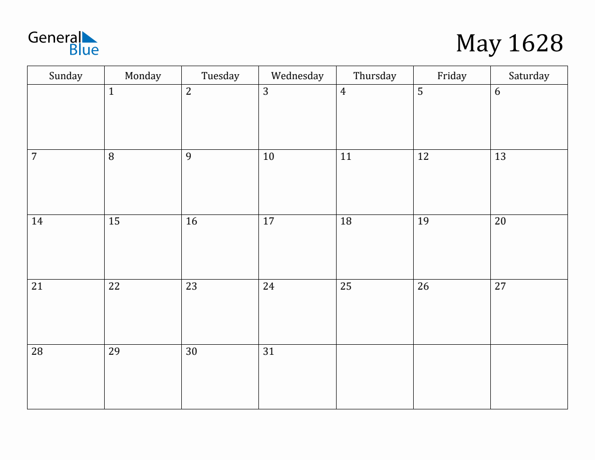 May 1628 Monthly Calendar