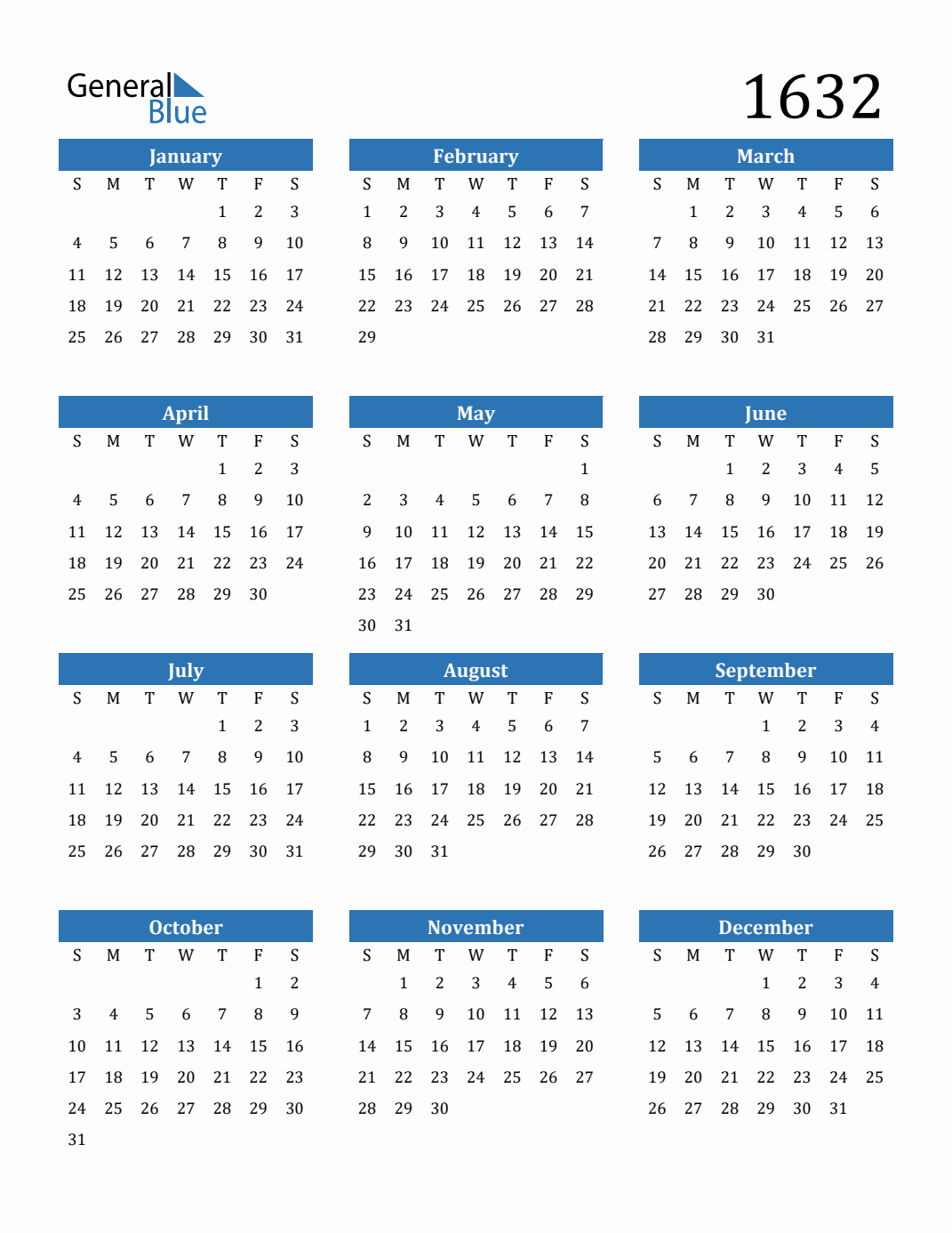 Free 1632 Calendars in PDF, Word, Excel