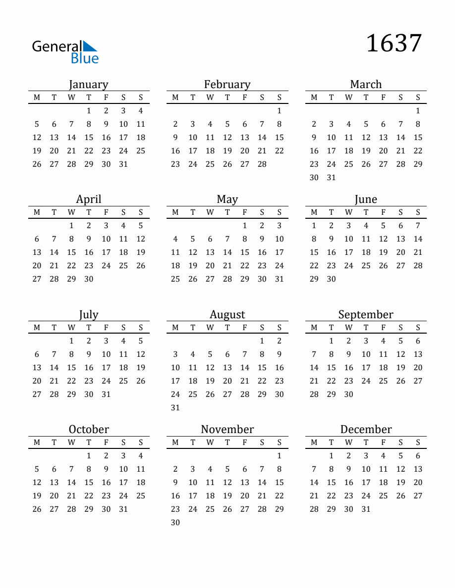 Year 1637 Free Printable 12-Month Calendar with Monday Start
