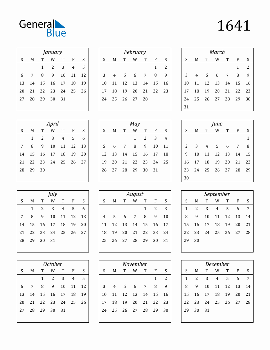 1641 Blank Yearly Calendar Printable