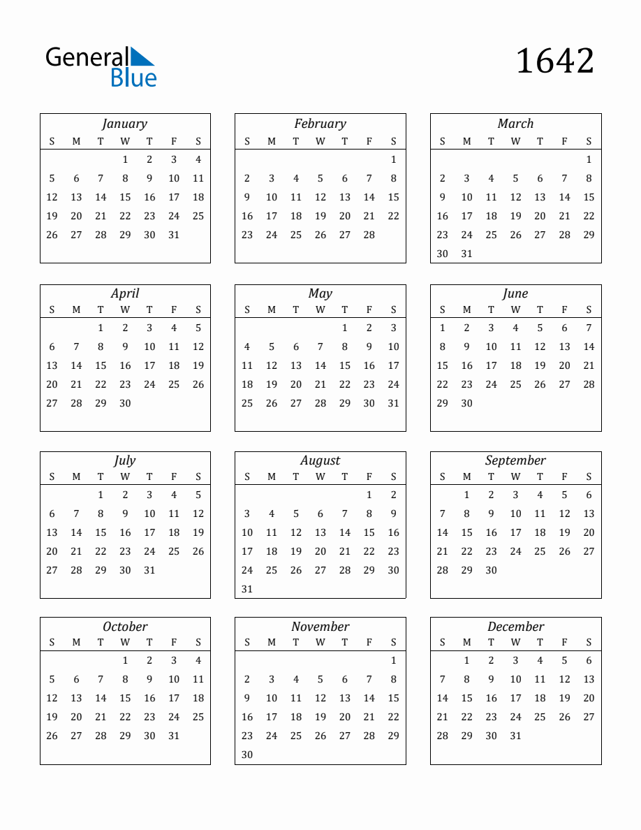 1642 Blank Yearly Calendar Printable