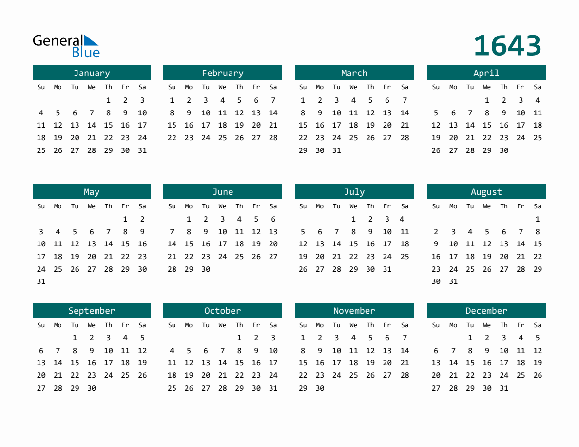 1643 Full-Year Calendar