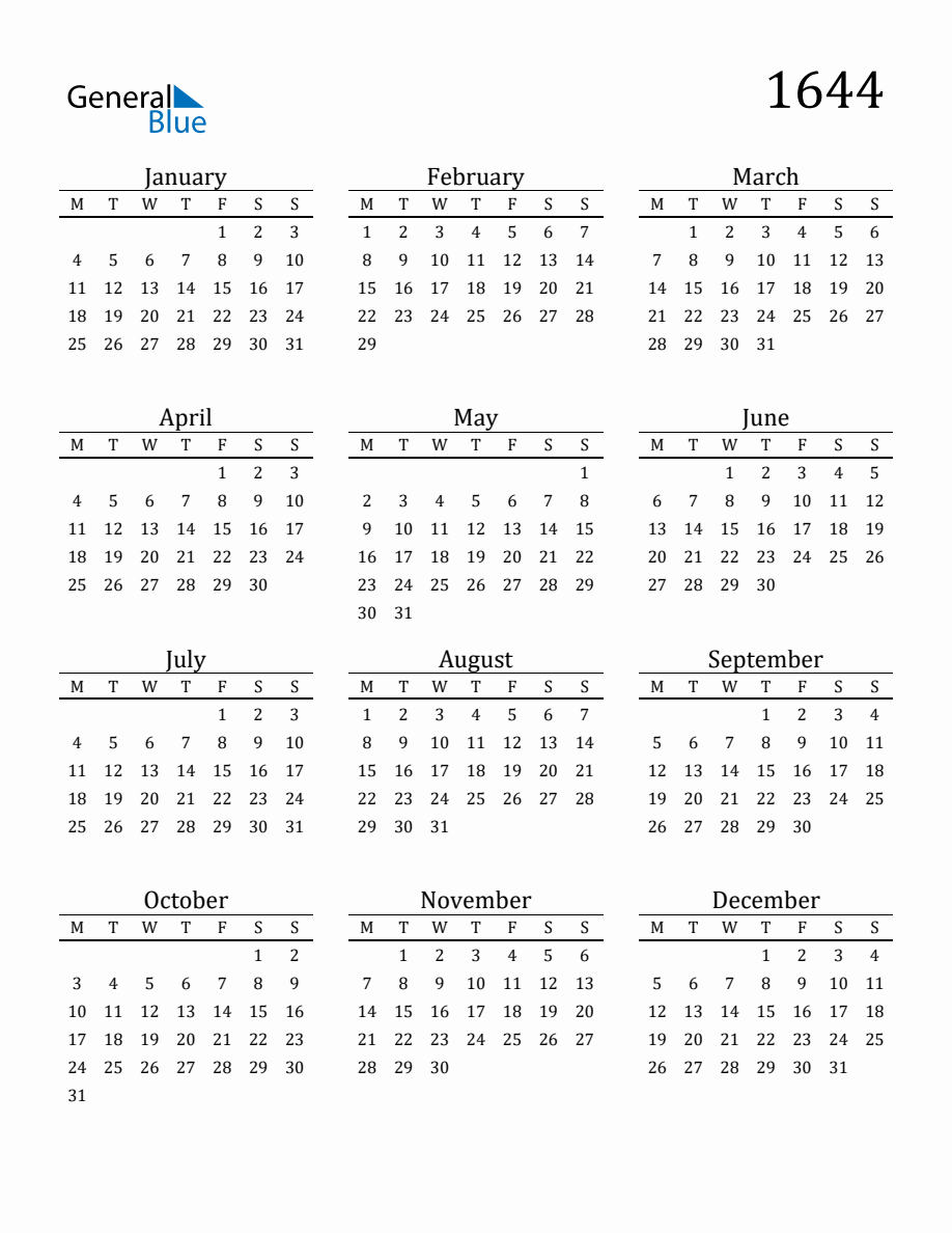 Year 1644 Free Printable 12-Month Calendar