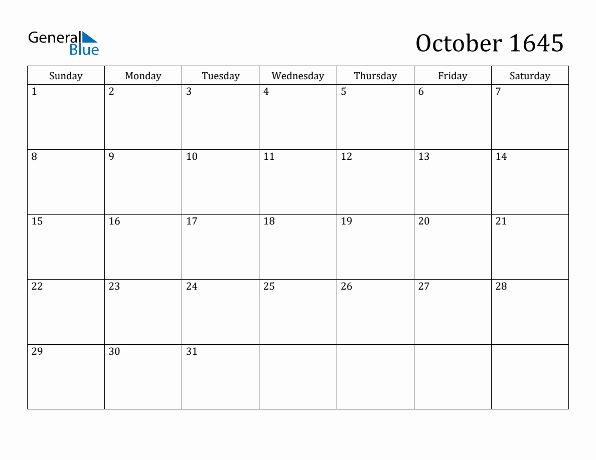October 1645 Monthly Calendar