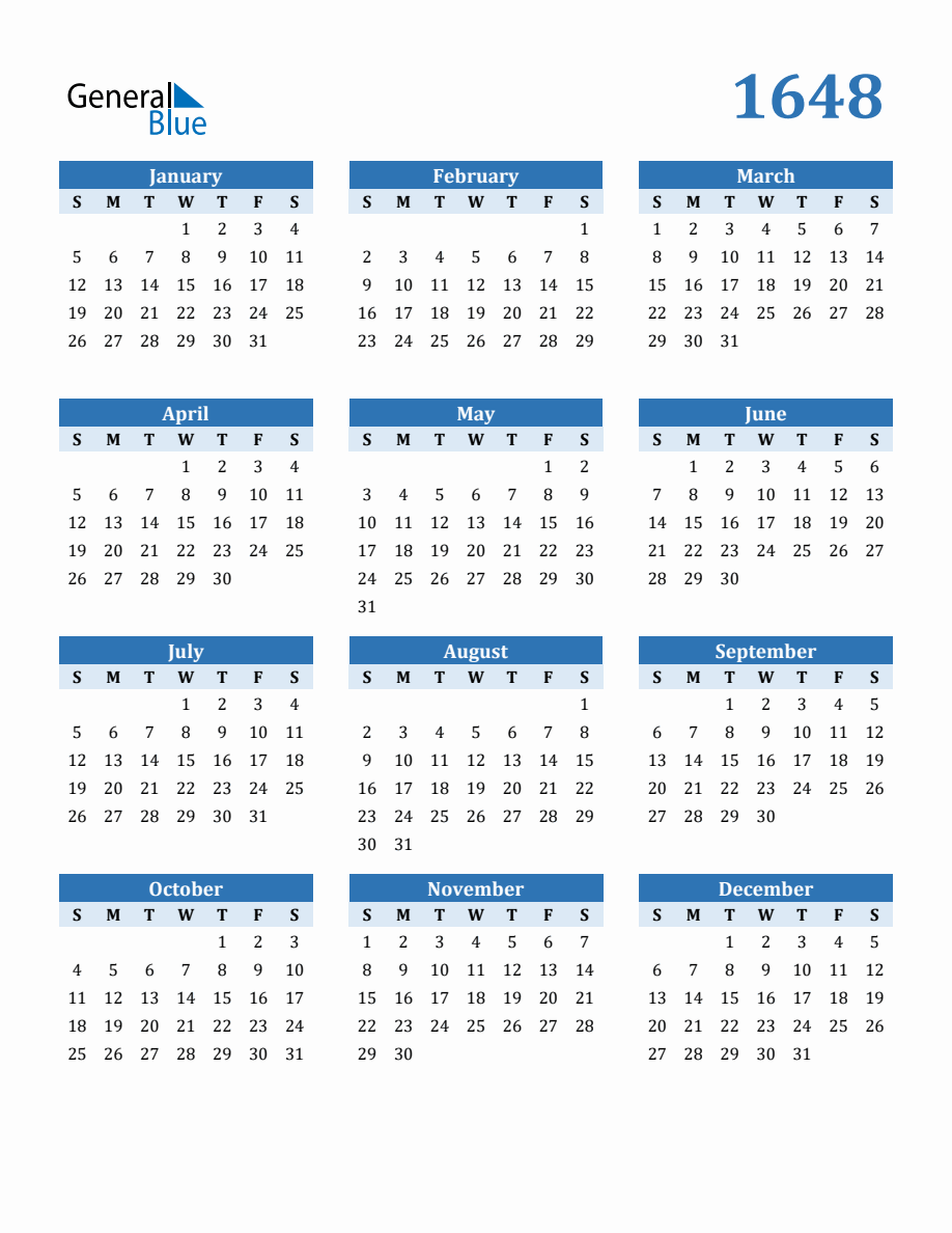 Free 1648 Year Calendar in PDF, Word, and Excel