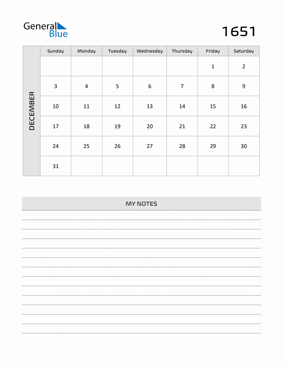 December 1651 Printable Monthly Calendar with Notes