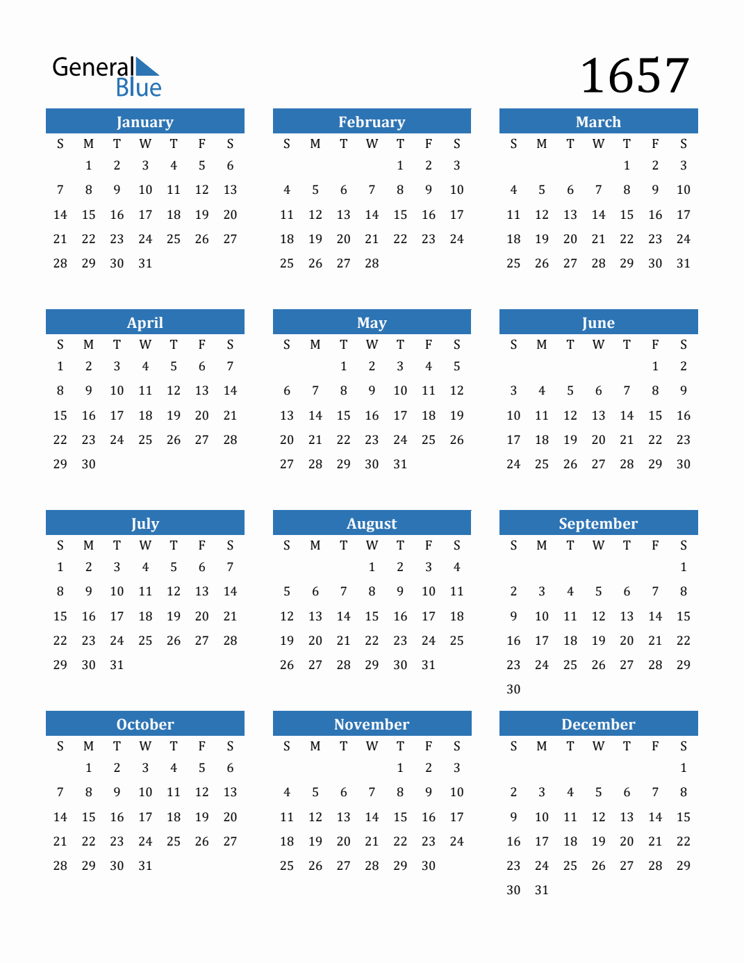 Free 1657 Calendars in PDF, Word, Excel