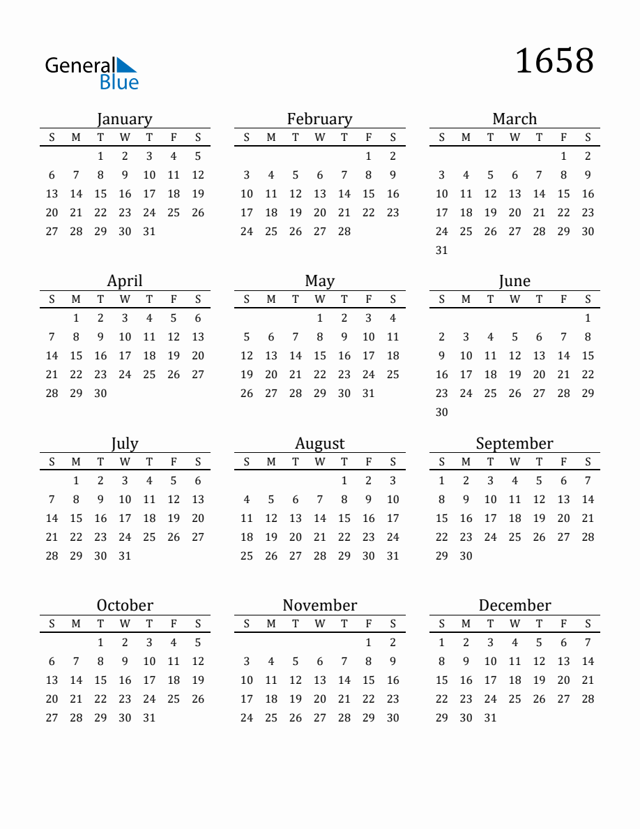 Year 1658 Free Printable 12-Month Calendar