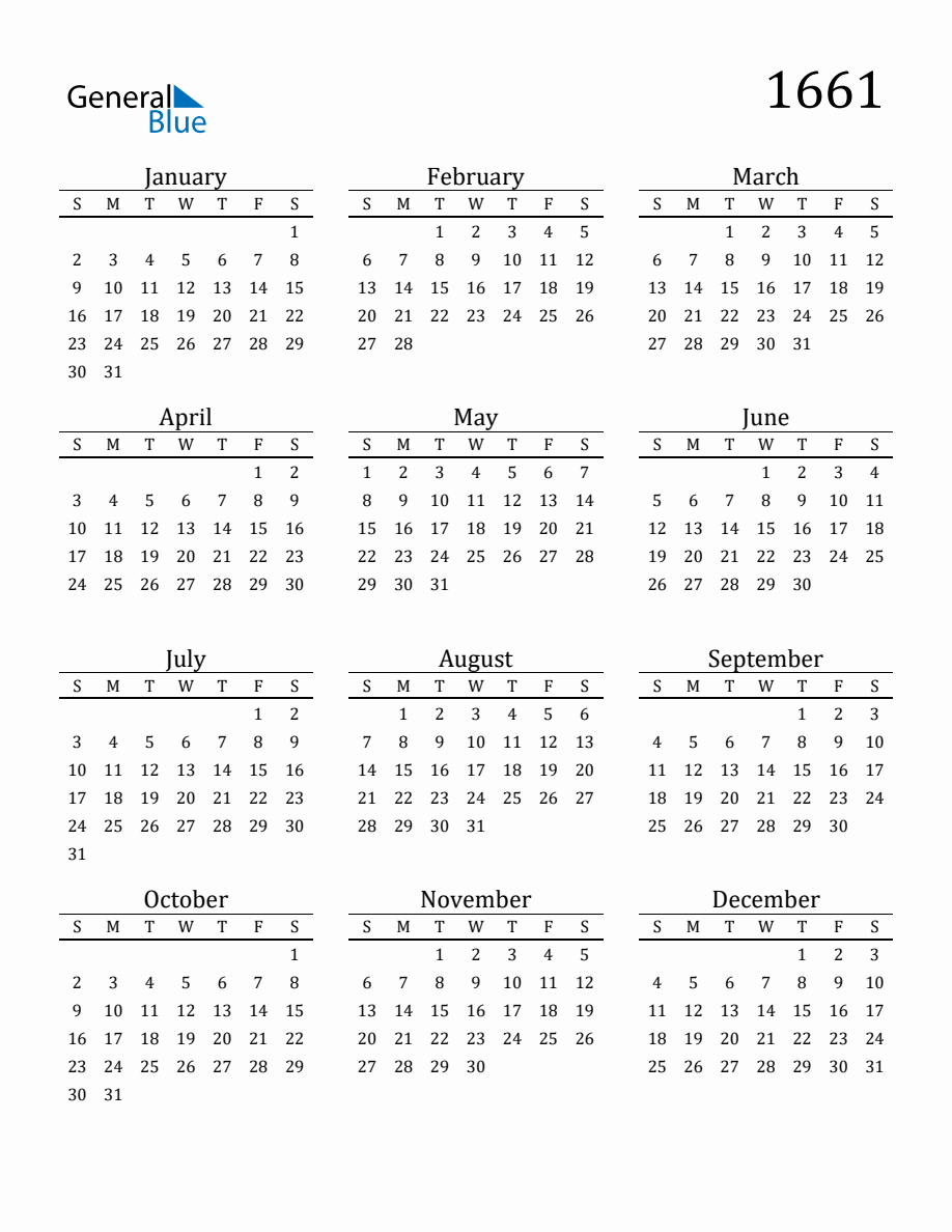 Year 1661 Free Printable 12-Month Calendar