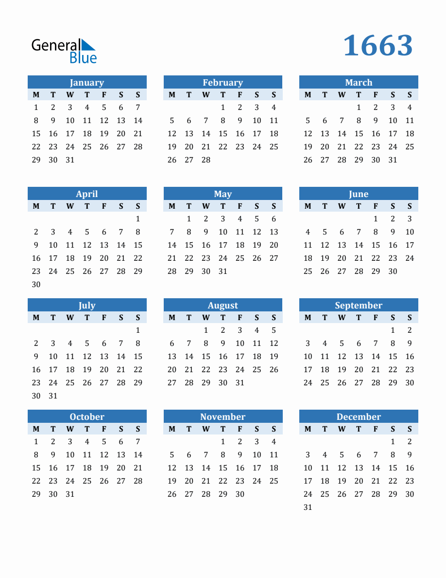 Free 1663 Year Calendar in PDF, Word, and Excel