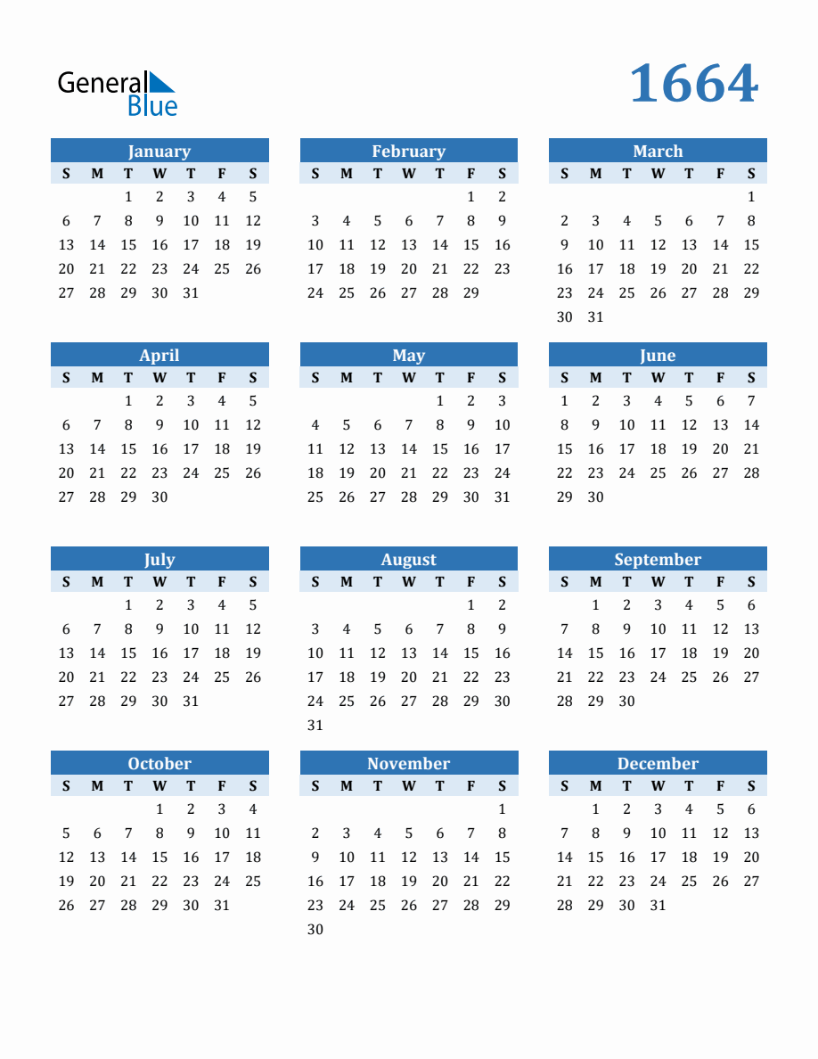 Free 1664 Year Calendar in PDF, Word, and Excel