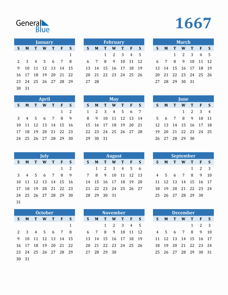 Free 1667 Year Calendar in PDF, Word, and Excel