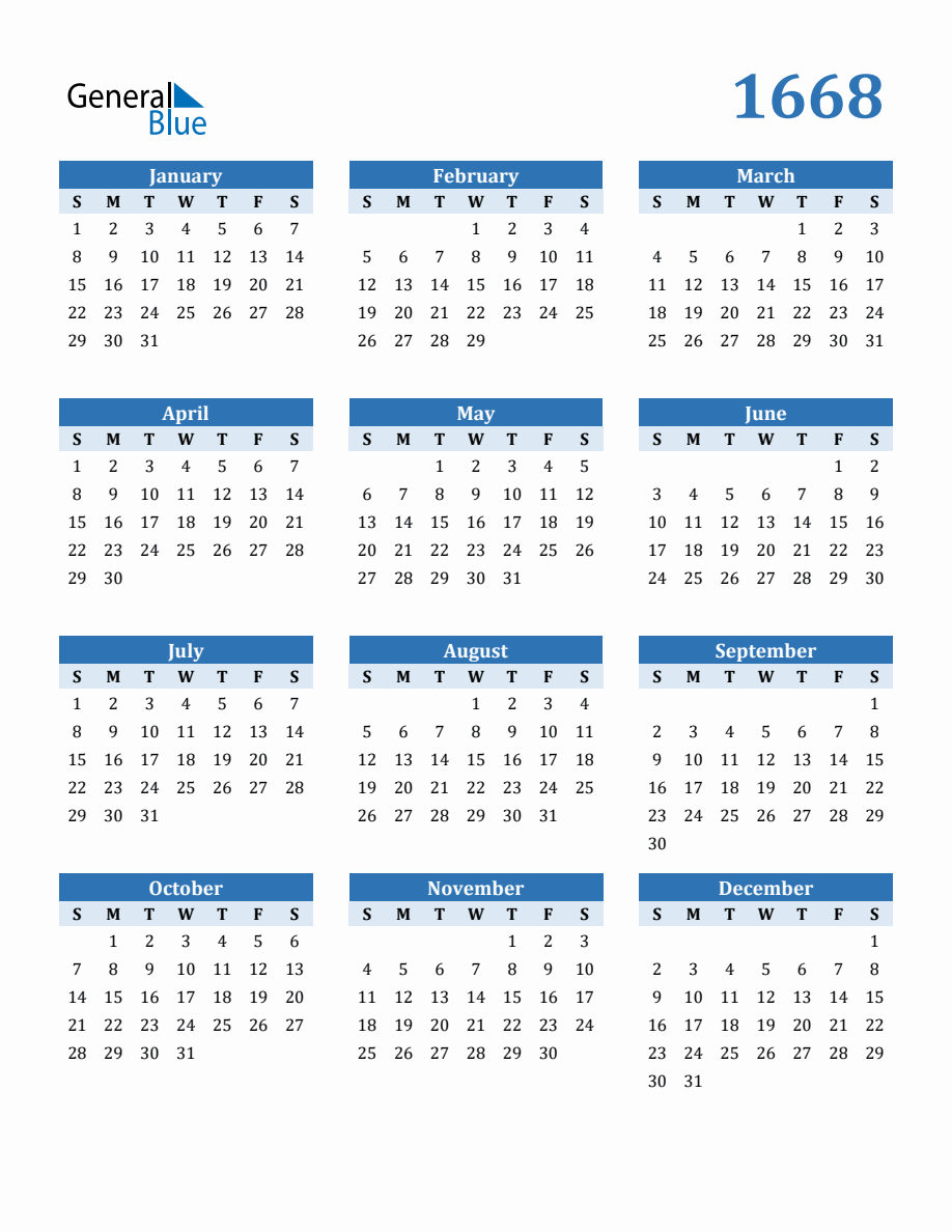 Free 1668 Year Calendar in PDF, Word, and Excel