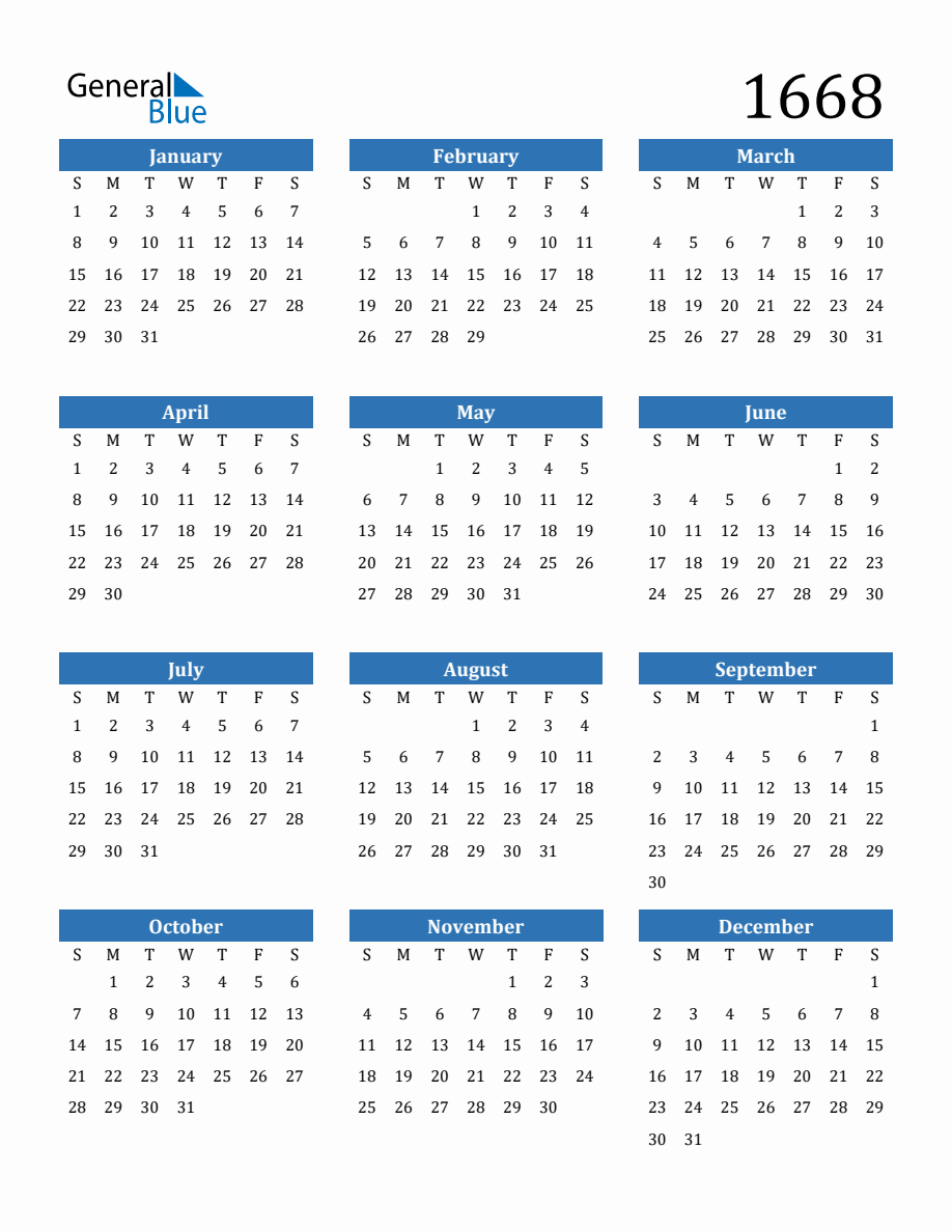 1668 Yearly Calendar