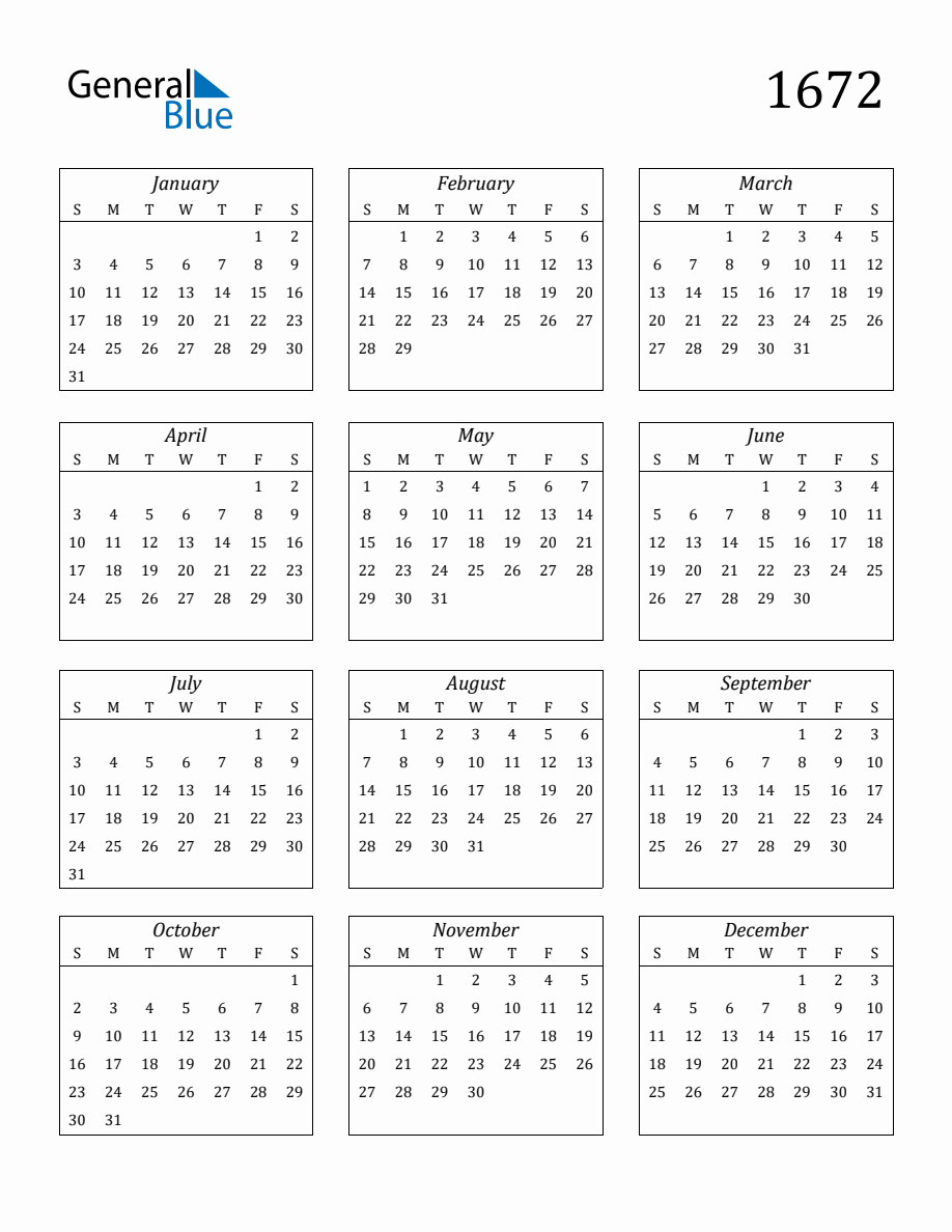 1672 Blank Yearly Calendar Printable