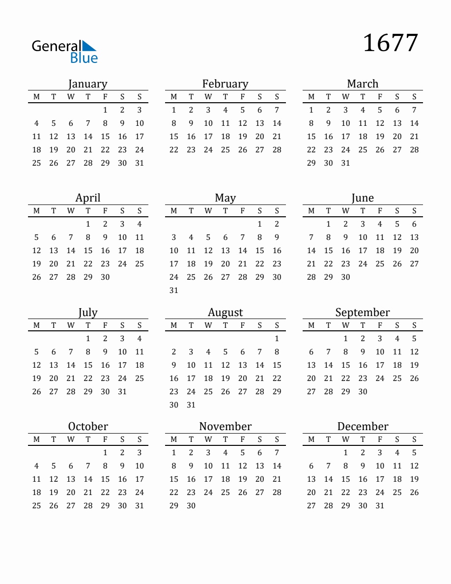 Year 1677 Free Printable 12-Month Calendar with Monday Start