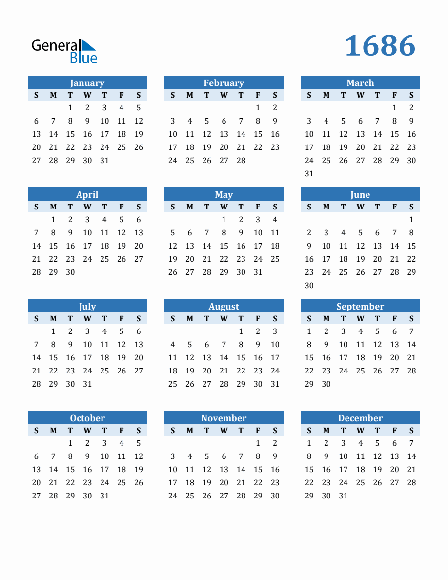Free 1686 Year Calendar in PDF, Word, and Excel