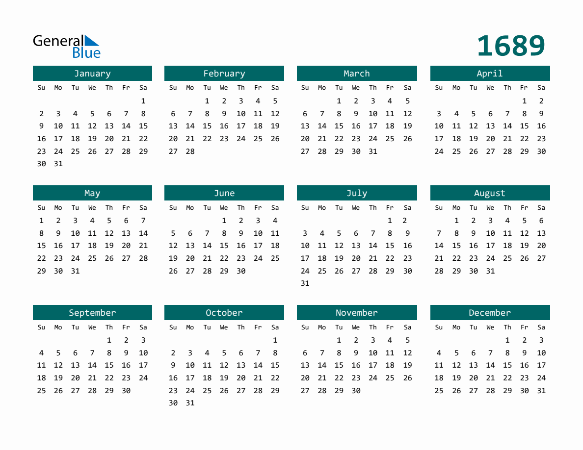 1689 Full-Year Calendar