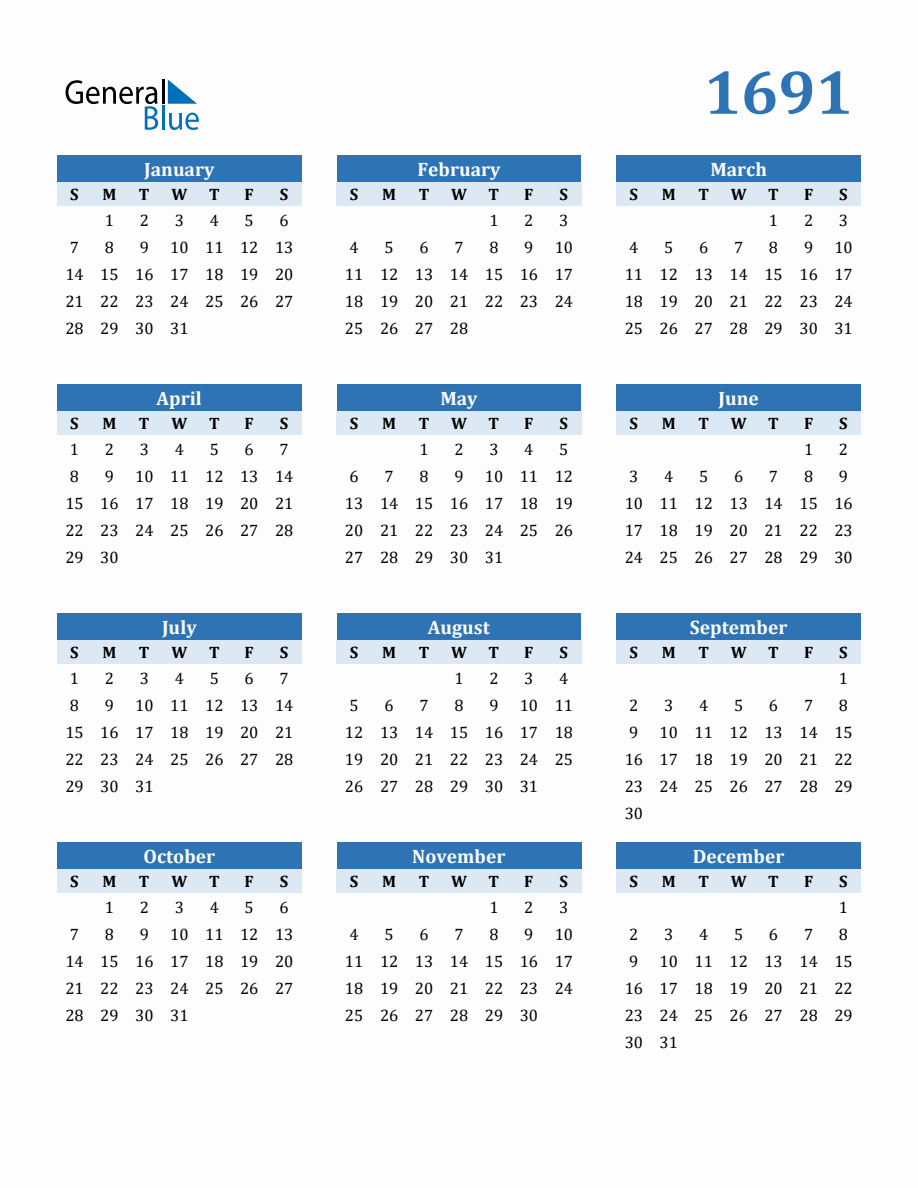 Free 1691 Year Calendar in PDF, Word, and Excel