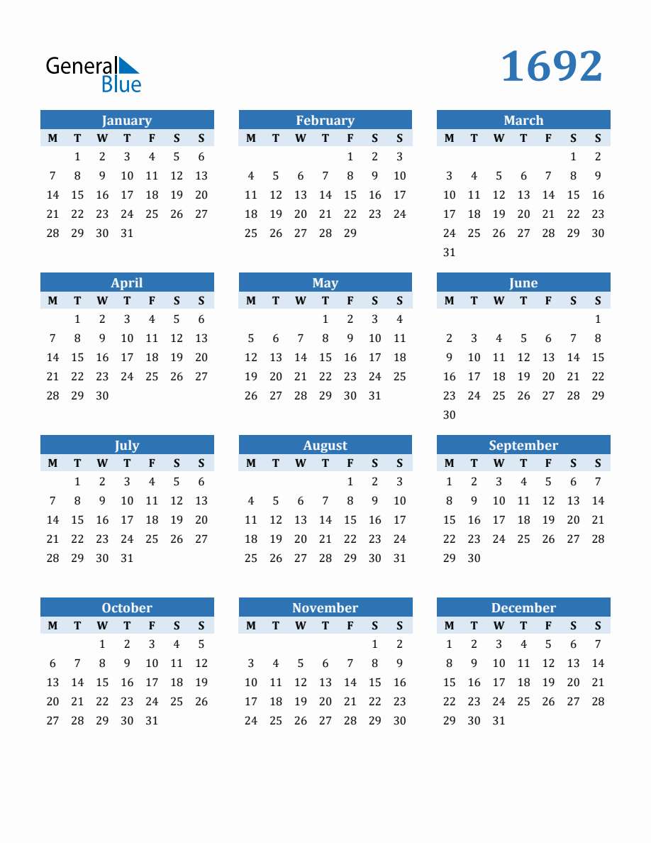 Free 1692 Year Calendar in PDF, Word, and Excel with Monday Start