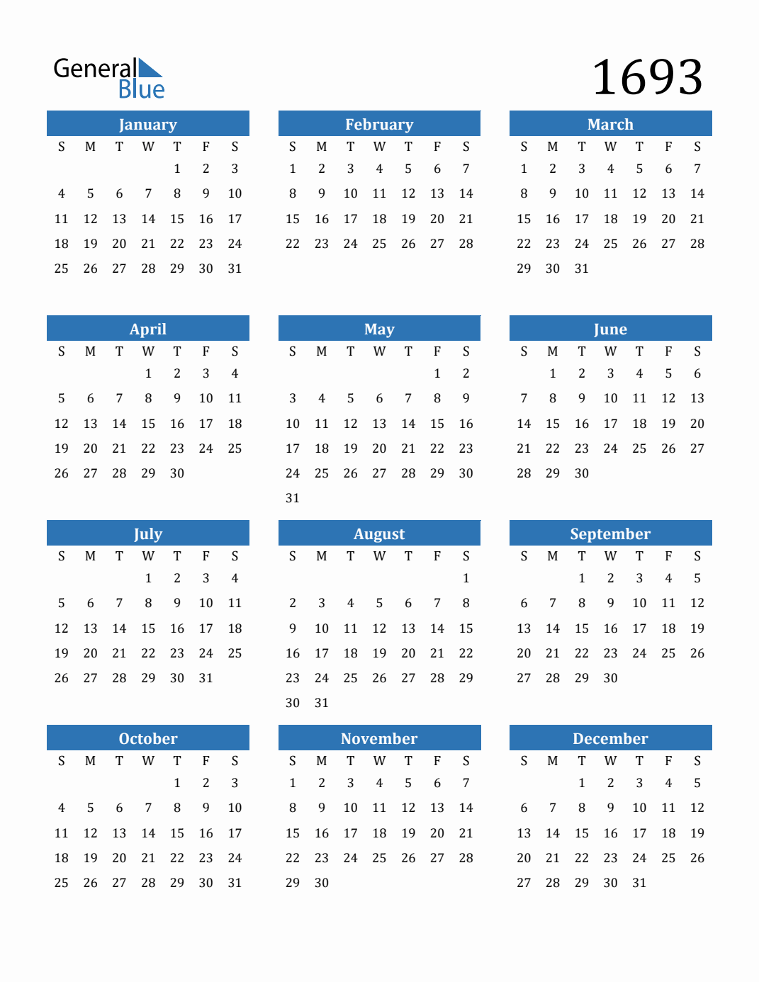 Free 1693 Calendars in PDF, Word, Excel