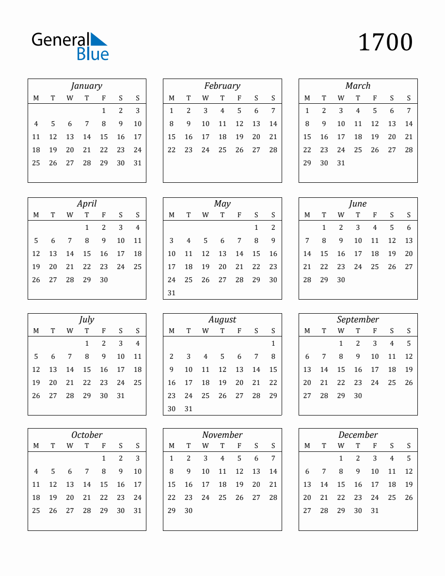1700 Blank Yearly Calendar Printable