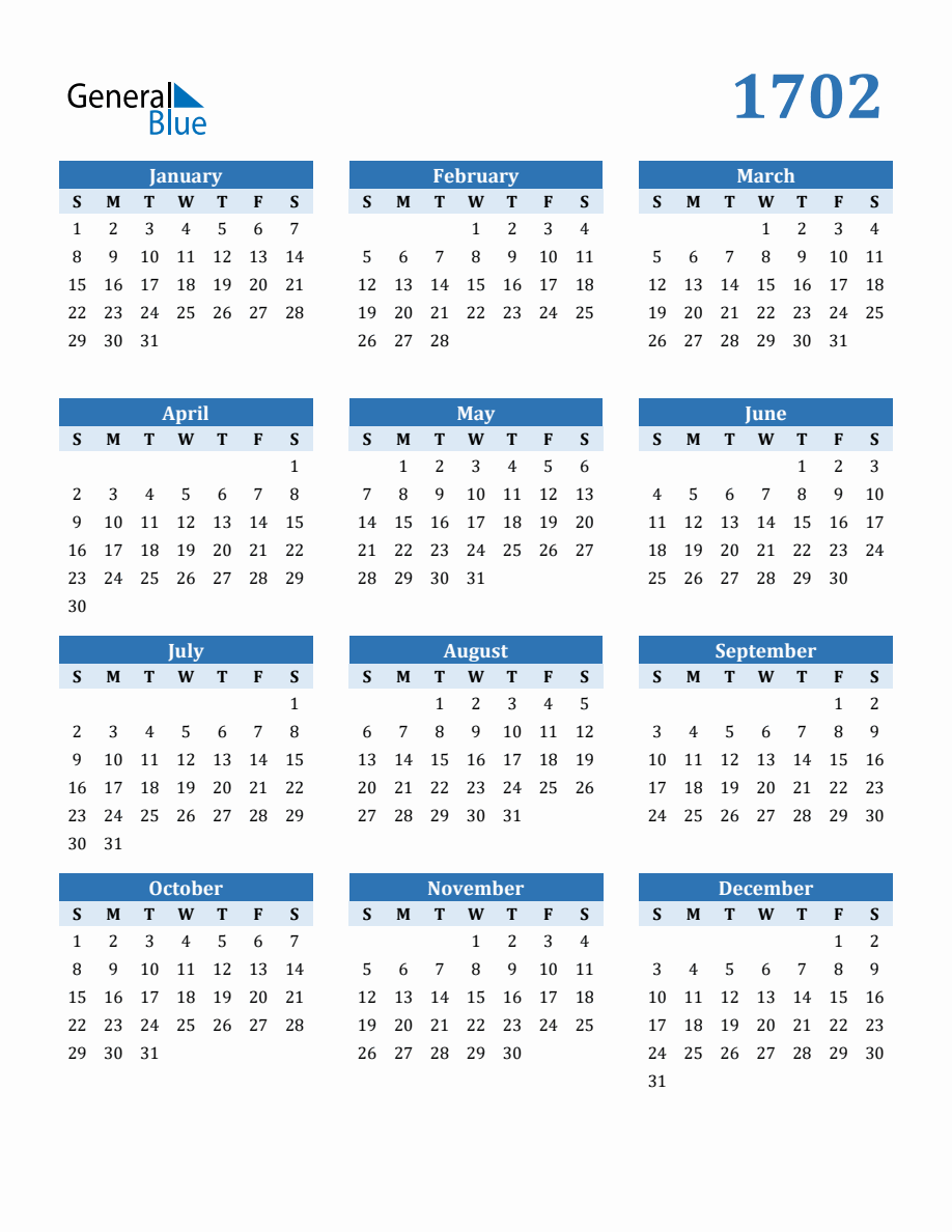 Free 1702 Year Calendar in PDF, Word, and Excel