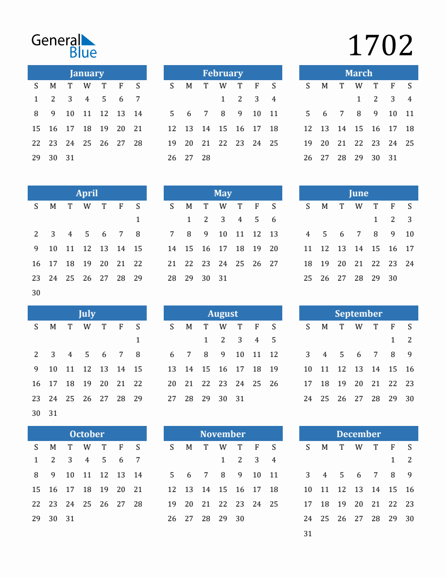 1702 Yearly Calendar