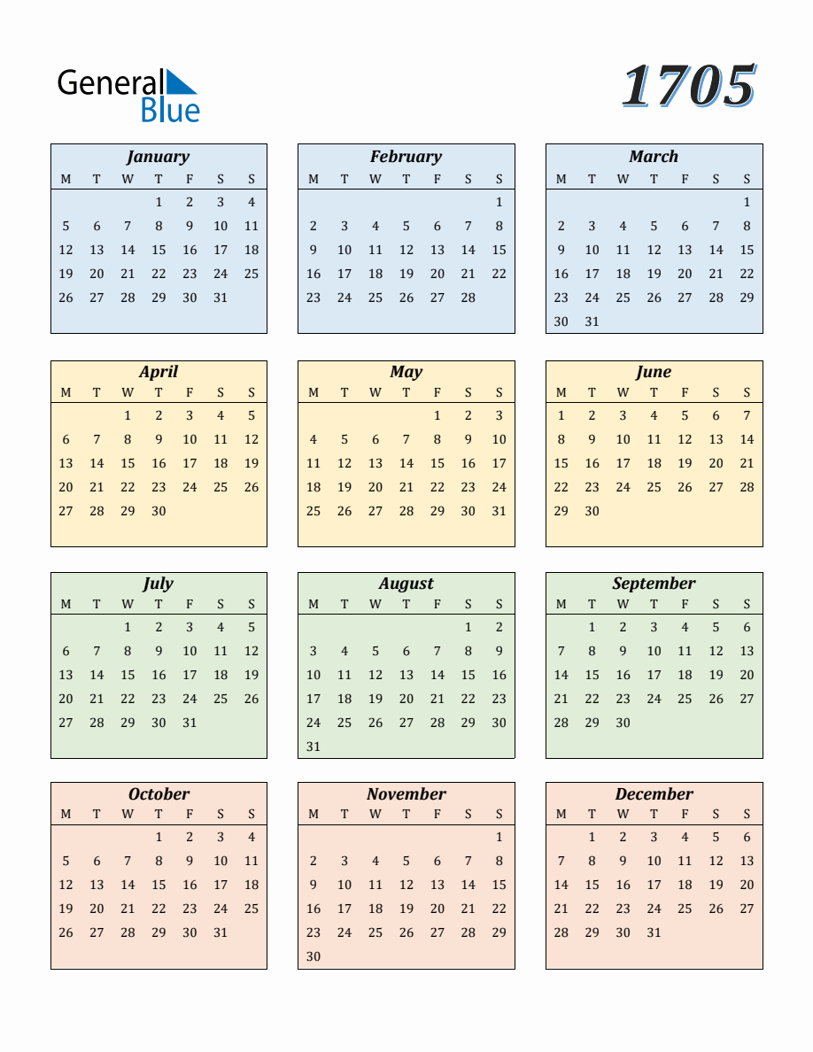 Calendar for Year 1705 with Monday Start